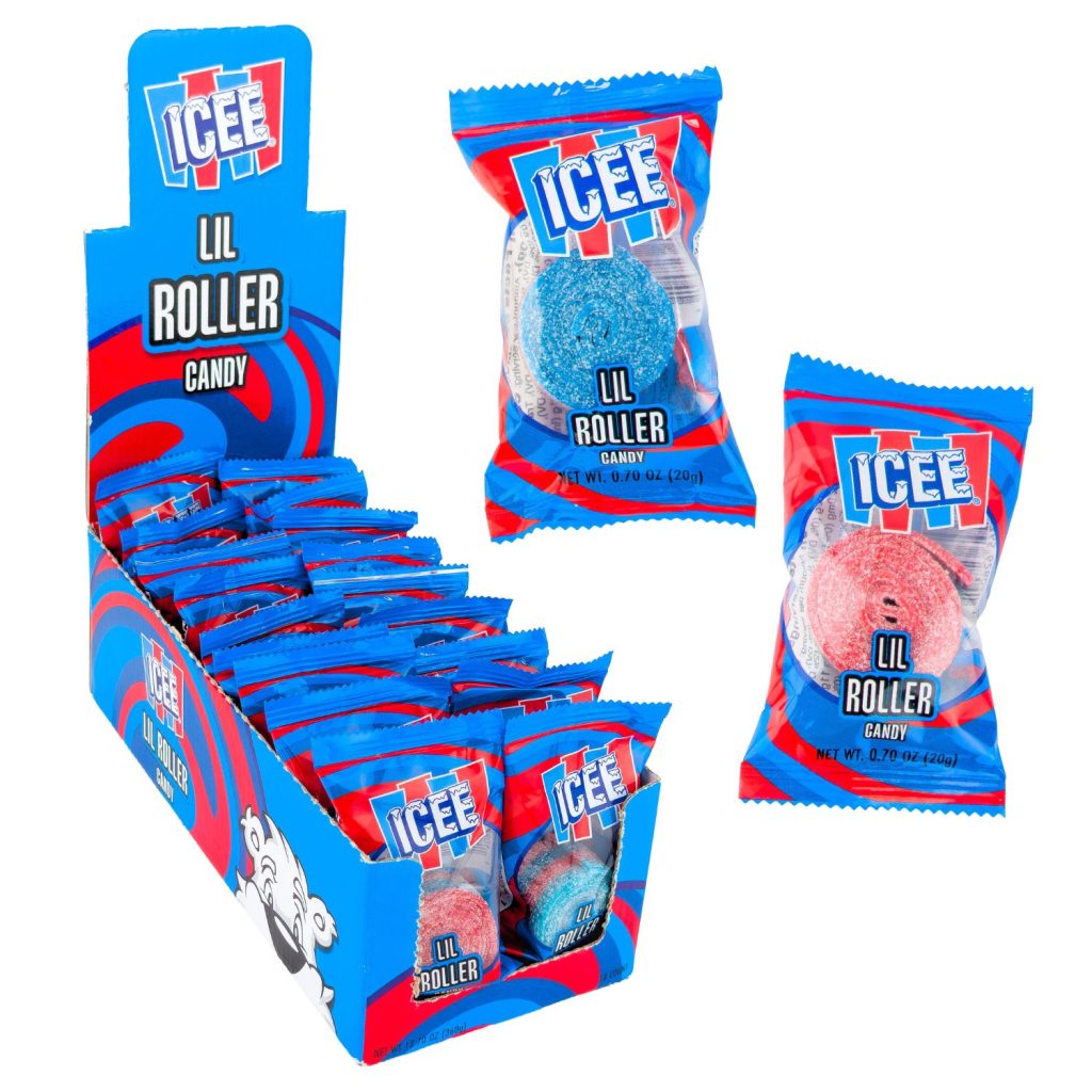 Icee Lil Roller Candy Sour Belt Cherry Blue Raspberry 18 Ct Long 8027